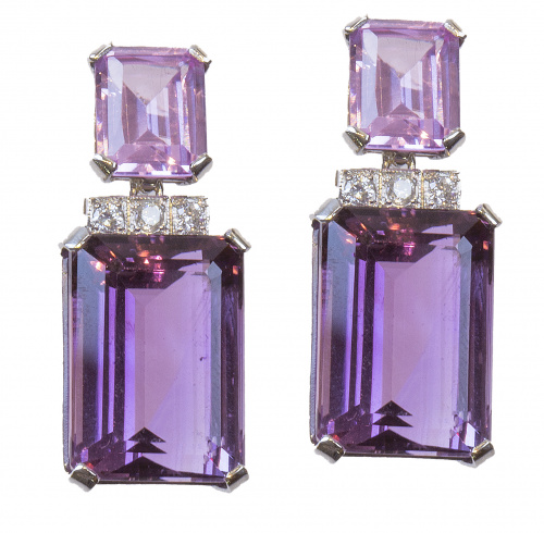 Pendientes con rosa de Francia y amatista rectangular, y entre e