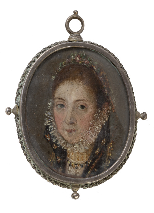 ESCUELA ESPAÑOLA, SIGLO XVIIRetrato de dama con tocado de flores,